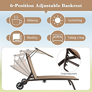 Tangkula Patio Chaise Lounge Chair Set of 2, Outdoor Recliner with Wheels, Adjustable Canopy & Cupholder, 6-Level Backrest, Heavy-Duty Metal Reclining Lounger for Poolside, Backyard (2, Brown)