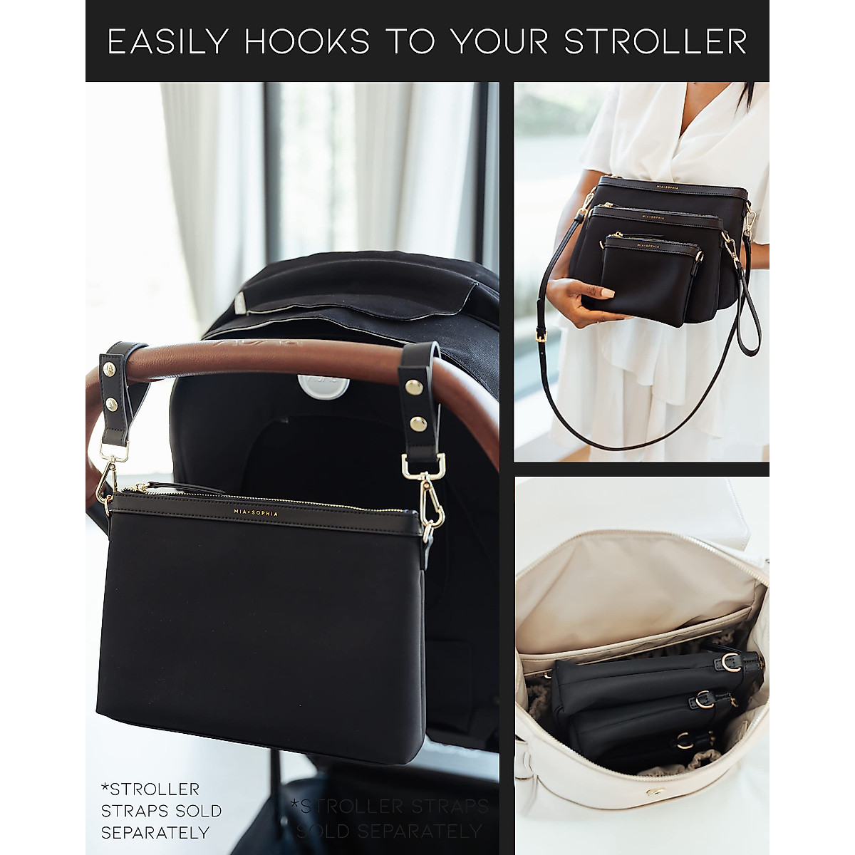 MIA + SOPHIA Diaper Bag Organizing Pouches 5 Piece Set - Baby Diaper Clutch, Crossbody Bag, Travel Diaper Bag Organizer Pouches - Black