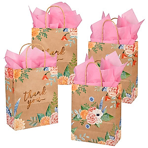DjinnGlory 25 Pack 10x8x4 Inch Medium Sized Brown Kraft Floral Paper Gift Bags with and 25-Sheet Pink Tissue Paper for Birthday Wedding Baby Shower Party Treats, Goodies, Christmas Gifts (Thank You Design)