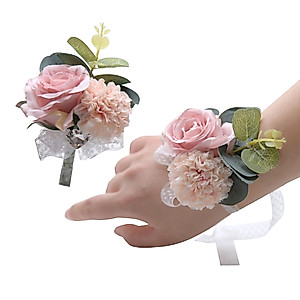ETERNAL ANGEL Boutonniere and Corsage Wristlet Bracelet Set with Pink Artificial Rose Eucalyptus Leaves for Groom Bride Groomsmen Bridesmaids Best Men at Wedding Party Prom