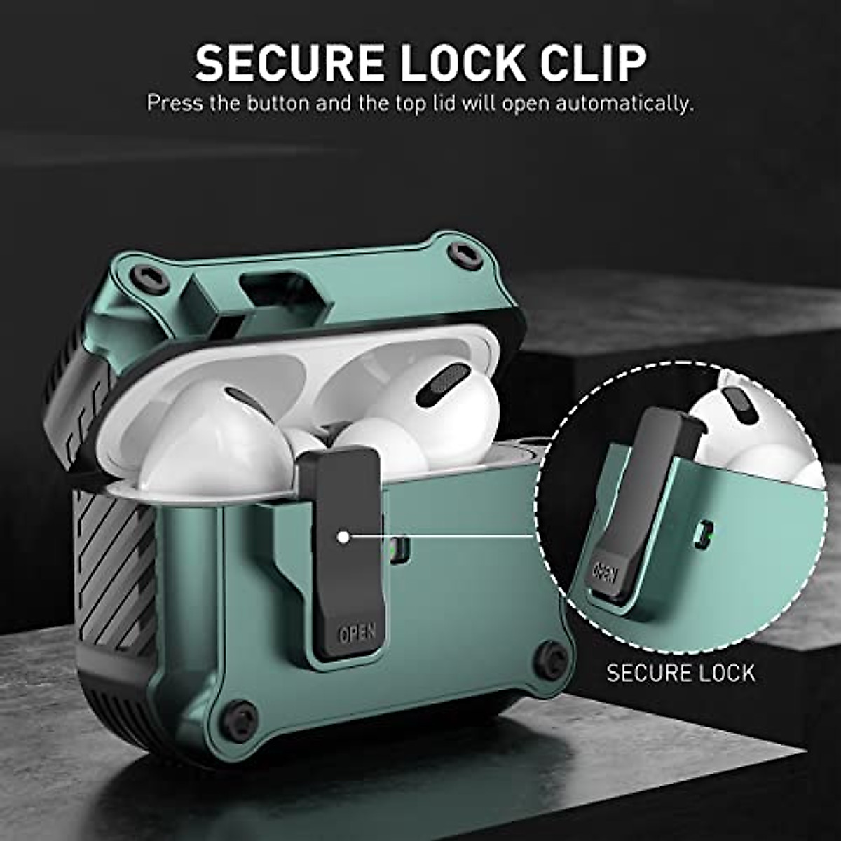 Winproo Armor Airpods Pro Case Cover with Lock Clip, Military Hard Shell Full-Body Shockproof Protective Case Skin with Keychain for Airpods Pro [Green]
