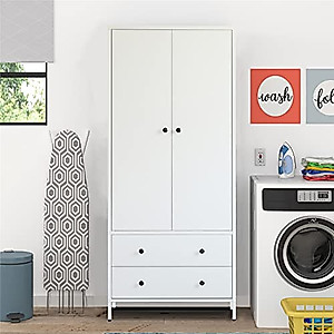 CJF Metal Storage Wardrobe with Hanging Rod, Armoire with 2 Doors and 2 Drawers，Steel Wardrobe Closet for Home, Office 74" H x 31.5" W x 20" D (White)