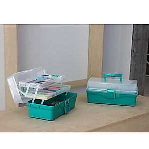 BangQiao 13.40 Inch 2-Tier Trays Clear Green Plastic Storage Container Organizer Box, Multipurpose Portable Carrying Case with Latch Lock and Handle for Art, Craft, Sewing Supplies, First Aid, Makeup