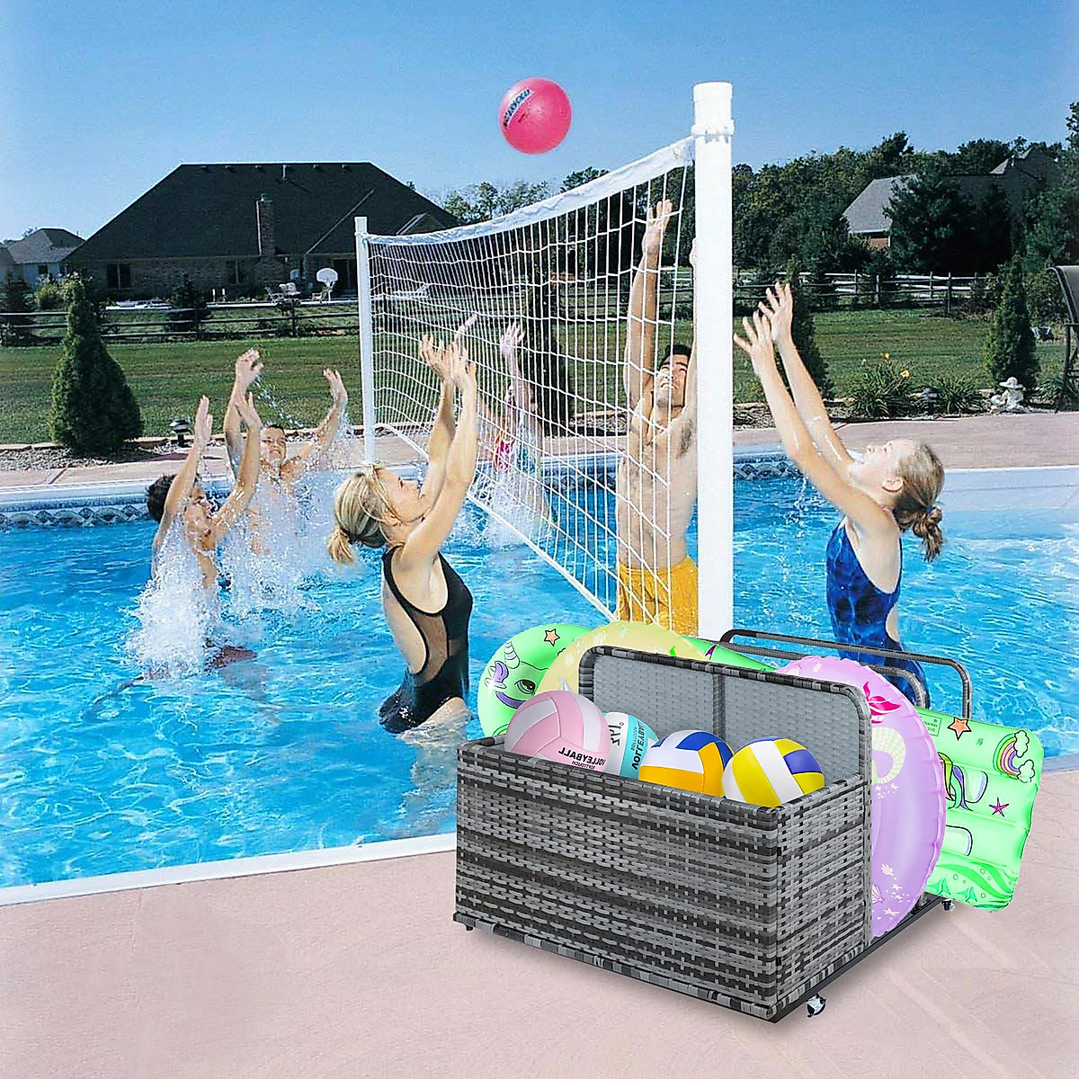 IDEALHOUSE Outdoor Storage, Patio Poolside Float Storage Basket,Double Layer Poolside Float Storage, Storage Box, PE Rattan Outdoor Pool Caddy with Rolling Wheels for Floaties,Beach-Sturdy,Grey
