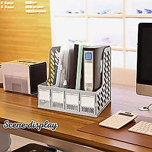 SAYEEC 4 Compartment File Holder Folder Grid Bookshelf Magazine Organizer Plastic File Frame Desktop with Blank Labels A7 Notebook Storage Assemble File Box for Work/Office/Study