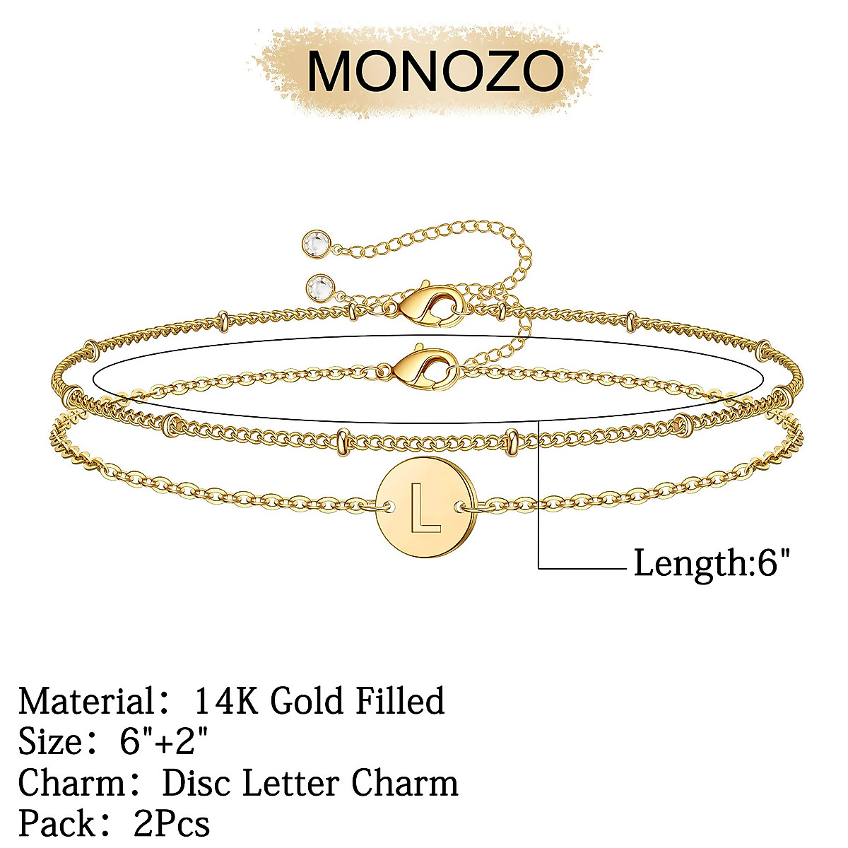 MONOZO Gold Initial Bracelets for Women, Dainty 14K Gold Filled Layered Beaded L Letter Initial Bracelet Personalized Alphabet Disc Monogram Charm Bracelet Jewelry Gifts for Her