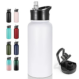 VEGOND 32 oz Insulated Water Bottle Stainless Steel Metal Water Bottles with Leak Proof Straw Lid & Spout Lid, Wide Mouth Double Walled Vacuum Travel Sports Bottle, White