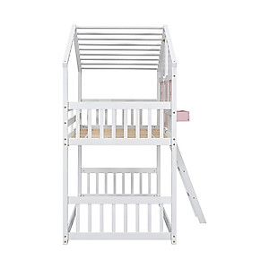 Harper & Bright Designs House Bunk Bed Twin Over Twin for Kids, Wood Bunk Beds with Roof, Windows, Window Box and Small Door, Floor Bunk Beds with Ladder and Guard Rails for Girls Boys,Pink