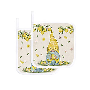 Pot Holder Set of 2 Vintage Farm Gnomes Rural Lemon Green Leaf Potholder Heat Proof Non-Slip Pot Holders,Retro Linen Hot Pads Potholders for Kitchen Cooking Baking BBQ