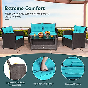 Tangkula 4-Piece Patio Furniture Set, Rattan Wicker Chair Set with 1 Loveseat, 2 Single Sofas, 1 Coffee Table with Tempered Glass Top, Outdoor Furniture Sets for Backyard, Porch, Garden and Poolside