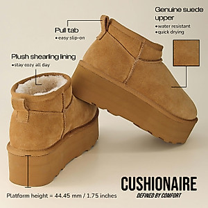 CUSHIONAIRE Hippy Women’s Platform Ankle Boots – Genuine Suede, Faux Fur Lining, Cozy Winter Slip-On Design boots for women, CHESTNUT 11