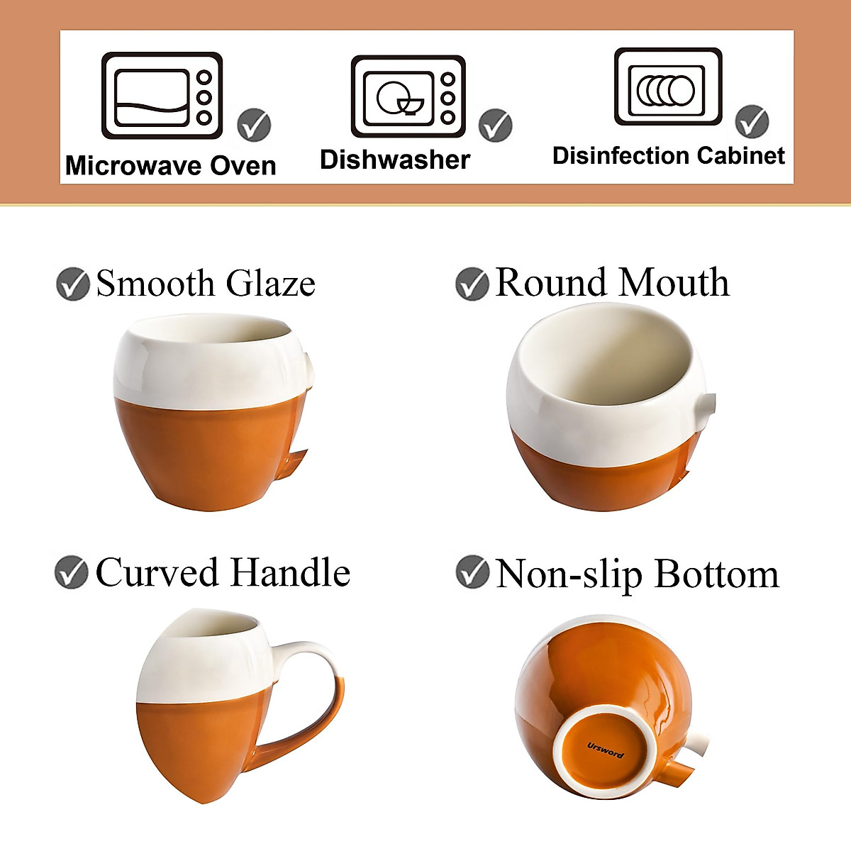 Ursword Novelty Half Glaze Ceramic Coffee Cup Set, 4 Pcs, 16oz, Microwave Safe Tableware, White-Orange