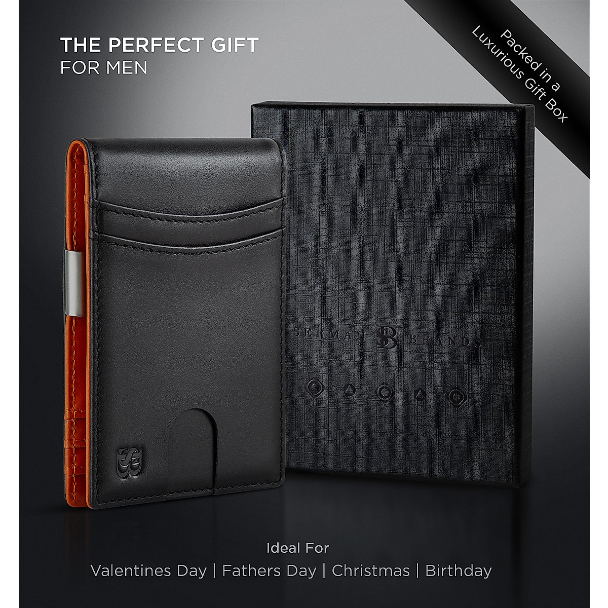 SERMAN BRANDS Mens Money Clip Wallet. RFID Blocking Slim Front Pocket Wallets for Men, Full Grain Leather RFID Minimalist Card Holder (Titian Hue Navigator)