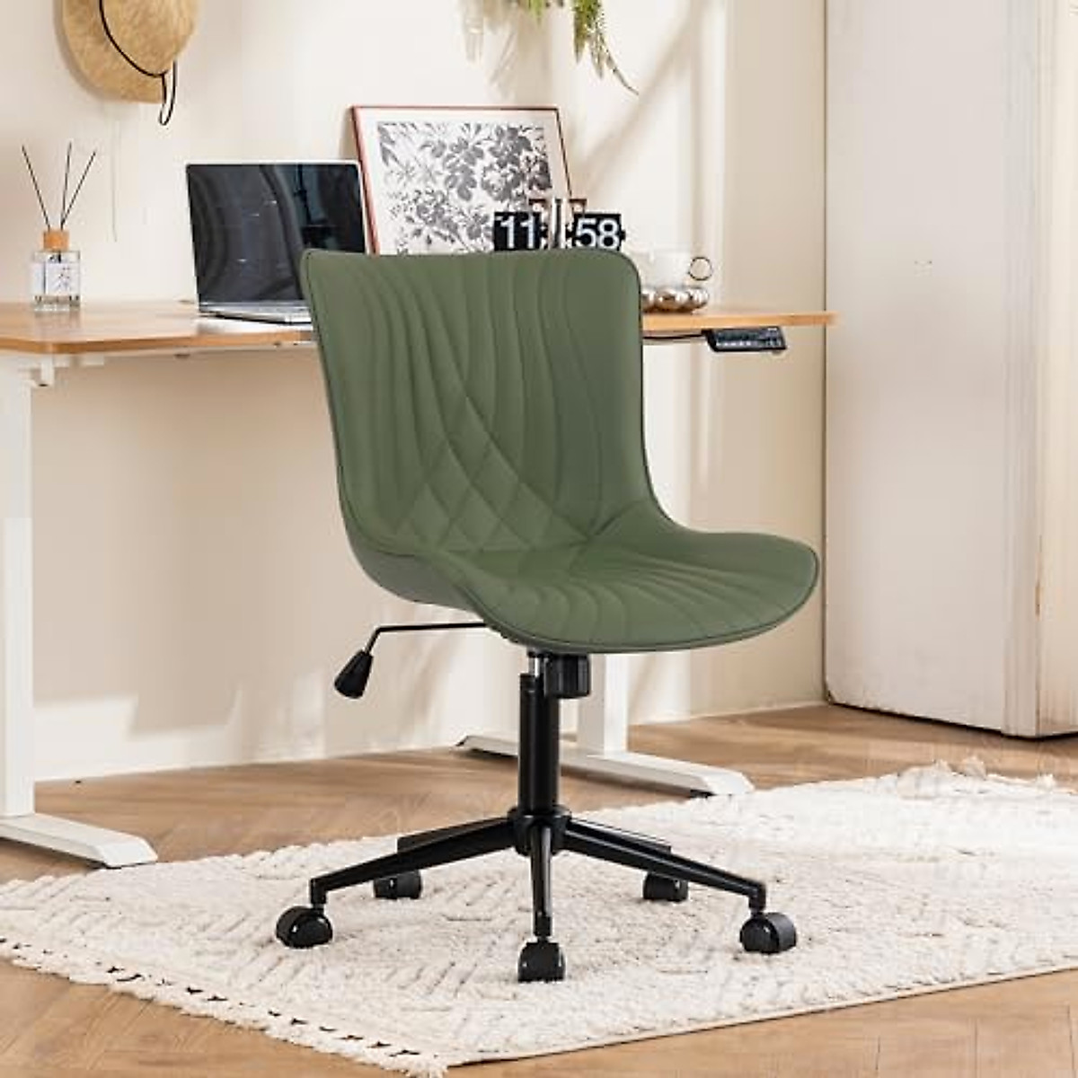 YOUTASTE Office Chair Armless Desk Chair Small Computer Swivel Rolling Chair with Wheels, Modern Upholstered PU Leather Computer Task Chair, Adjustable Home Office Desk Chairs, Olive Green