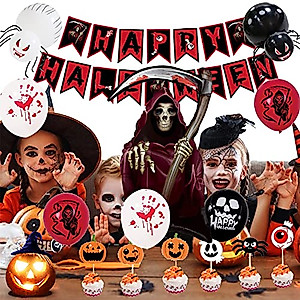 Halloween Decorations Spooky Halloween Decorations Party Supplies Includes Spider Scary Grim Reaper Balloons Bloody Happy Halloween Banner Backdrop for Indoor Outdoor Wall Window Party Decor, White
