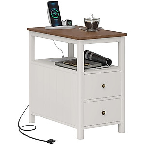 HOMCOM Modern End Table with Charging Station and USB Ports, Narrow Side Table with Drawers & Shelf for Living Room, White
