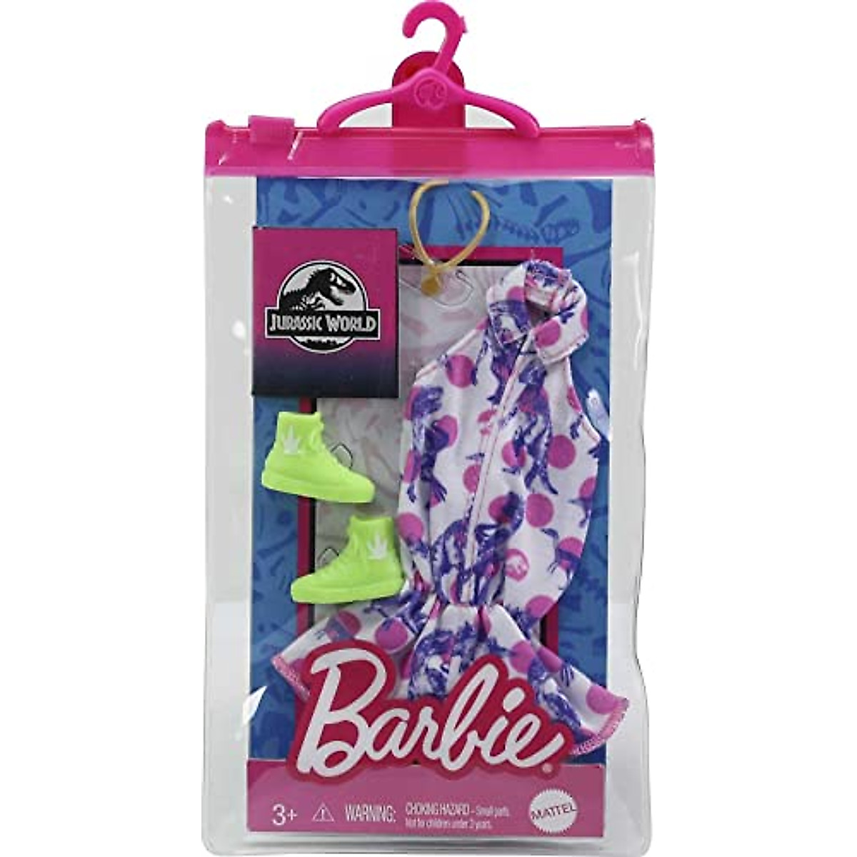 Barbie Doll Clothes Inspired by Jurassic World: Dominion, Complete Look, 2 Accessories, Shorts Romper with Pink Polka Dot & Dinosaur Print, Lime Green Boots & Necklace, Gift for Kids 3 to 8 Years Old