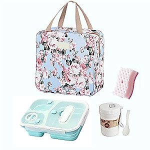Lunch Bag Tote Bag for Women & Men -Set of 3 - Reusable Lunch Box Water-resistant Cooler Bag Insulated Lunch Container (Blue with Flowers)