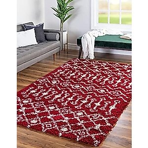 Unique Loom Moroccan Trellis Shag Collection Area Rug - Meknes (10' 8" x 14' Rectangle, Burgundy Red/Ivory)