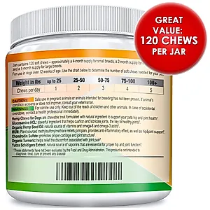 GOODGROWLIES Hemp Hip & Joint Supplement for Dogs - Made in USA - Glucosamine - MSM - Turmeric - Hemp Seed Oil Infused Treats - Natural Joint Pain Relief & Mobility - 120 Soft Chews