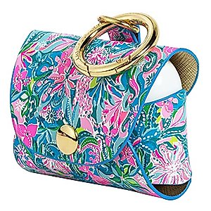 Lilly Pulitzer Blue Leatherette AirPods Pro Holder, Cute Keychain Case with Access to Charging Port, Golden Hour