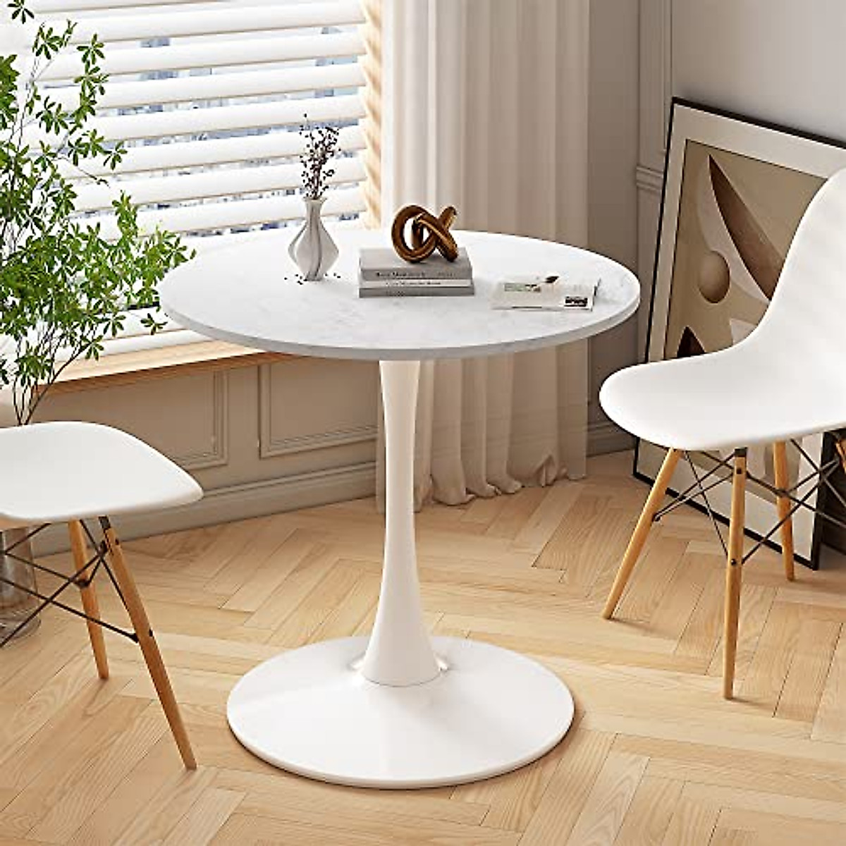DKLGG 32" Modern Round Dining Table with Printed Marble Table Top, Metal Base Pedestal Table Tulip Table Kitchen Table for 2-4 Person for Small Space Home, End Table Leisure Coffee Table, Marble
