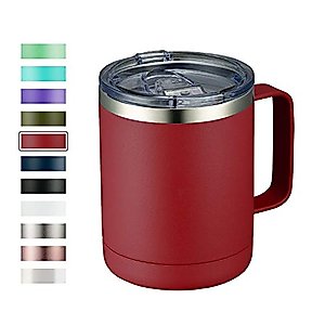 MEWAY 12oz Coffee Mug With Handle and Sliding Lid,Stainless Steel Travel Tumbler Cup with Handle,Double Wall Vacuum Insulated Camping Cup for Hot & Cold Drinks Tea (Red,Set of 1)