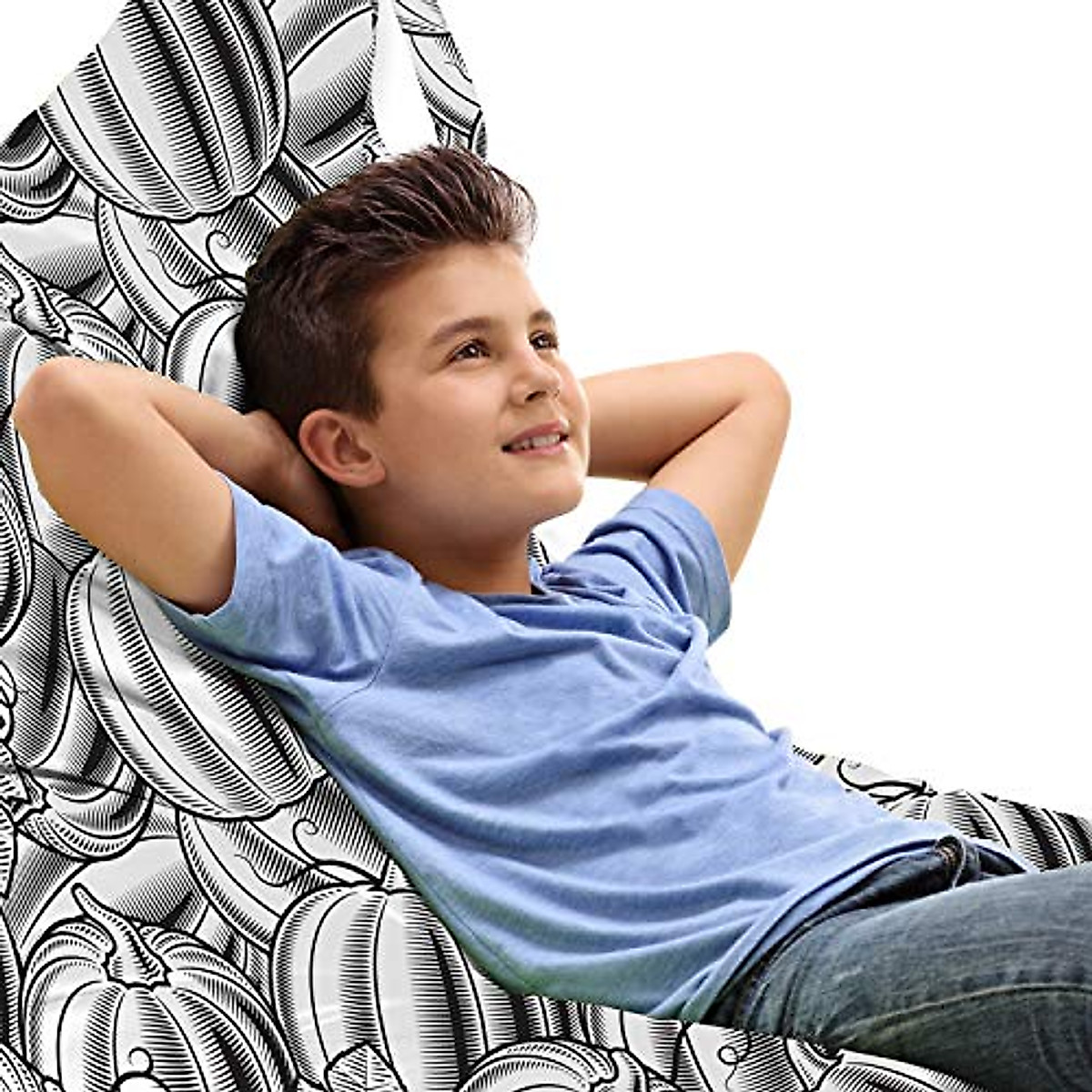 Lunarable Pumpkin Lounger Chair Bag, Black and White Autumn Fruits Image Harvest Halloween Themed Hand Drawn Artwork, High Capacity Storage with Handle Container, Lounger Size, Black White