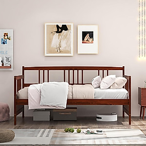 Giantex Twin Daybed Frame, Wooden Sofa Bed Guest Bed with Rails & Wood Slat Support, Dual-use Twin Size Platform Bed Frame for Living Room Bedroom, No Box Spring Needed, Cherry