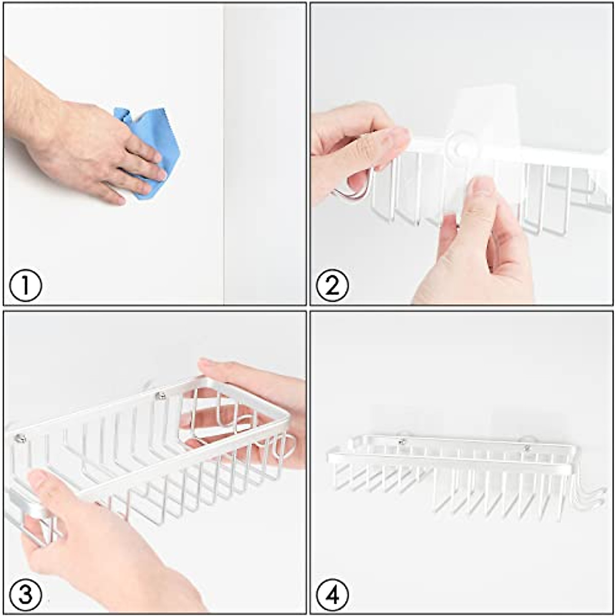 Linkidea Wall Mounted Shower Caddy Shelf with Hooks and Soap Holder, Aluminum Adhesive Shower Organizer Rack, No Drilling Shower Basket for Bathroom (Silver)