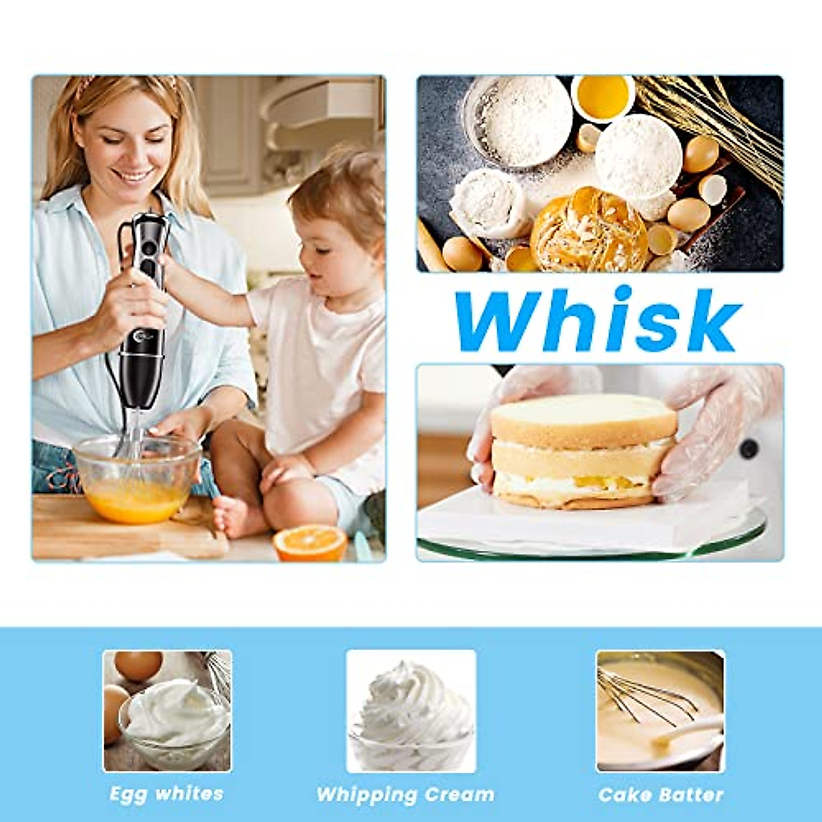 FKN Immersion Blender Handheld with 4 Interchangeable Blades,8 in 1 Hand Blender Electric with 500W Motor,8 Speed and Turbo Mode Handheld Blender Stick with 500ml Chopper,Mixing Beaker, and Whisk