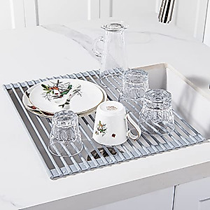 U-Taste Roll Up Dish Drying Rack 16.5 by 13.7 Inches, Over The Sink Foldable Multipurpose Silicone Dish Drainer Warm Gray, Small