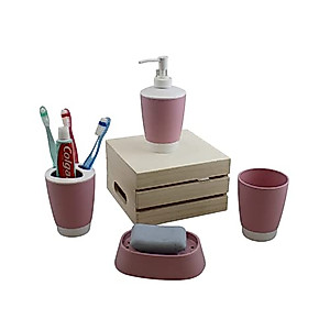 Bathroom Accessories Set 4 Piece Accesorios para Baños Soap Dispenser, Soap Dish, Tumble, Toothpaste-Toothbrush Holder (Bubble Gum Pink)
