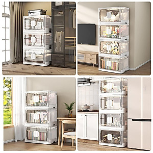 Storage Bins with Lids - Stackable Plastic Storage Bins with Wheels, 18-Gal Folding Box with Open Front Doors, 3 Pack Collapsible White Storage Box for Organizer Extremely Durable, High-capacity