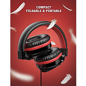 On-Ear Headphones with Microphone, 2022 Newest Foldable Wired Headphones for Adults Kids, Lightweight Portable Stereo Headphones with 1.5M Tangle-Free Cord for School Home, Black in Red (AB078)