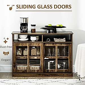 HOMCOM Sideboard with Glass Sliding Doors, Buffet Cabinet, Coffee Bar Cabinet with Adjustable Shelf, Walnut