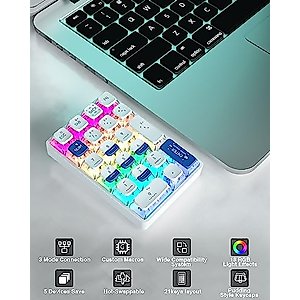 SOLAKAKA K21 RGB Backlit Tri-Mode Wireless Mechanical Number Pad Supports 3 Bluetooth/2.4GHz/Type C Wired,Hot Swappable 21 Keys Mechanical Numpad with Pudding Style PBT Keycaps