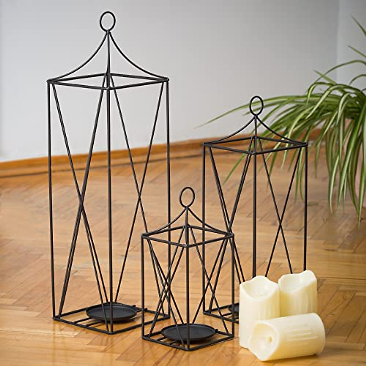 Set of 3 Tall Metal Lanterns 24’’ & 19’’ & 13’’ Elegant Decorative Lantern with Pillar Candle Holder, Garden Porch Night Indoor/Outdoor for Wedding Décor, Party, Christmas (Black)