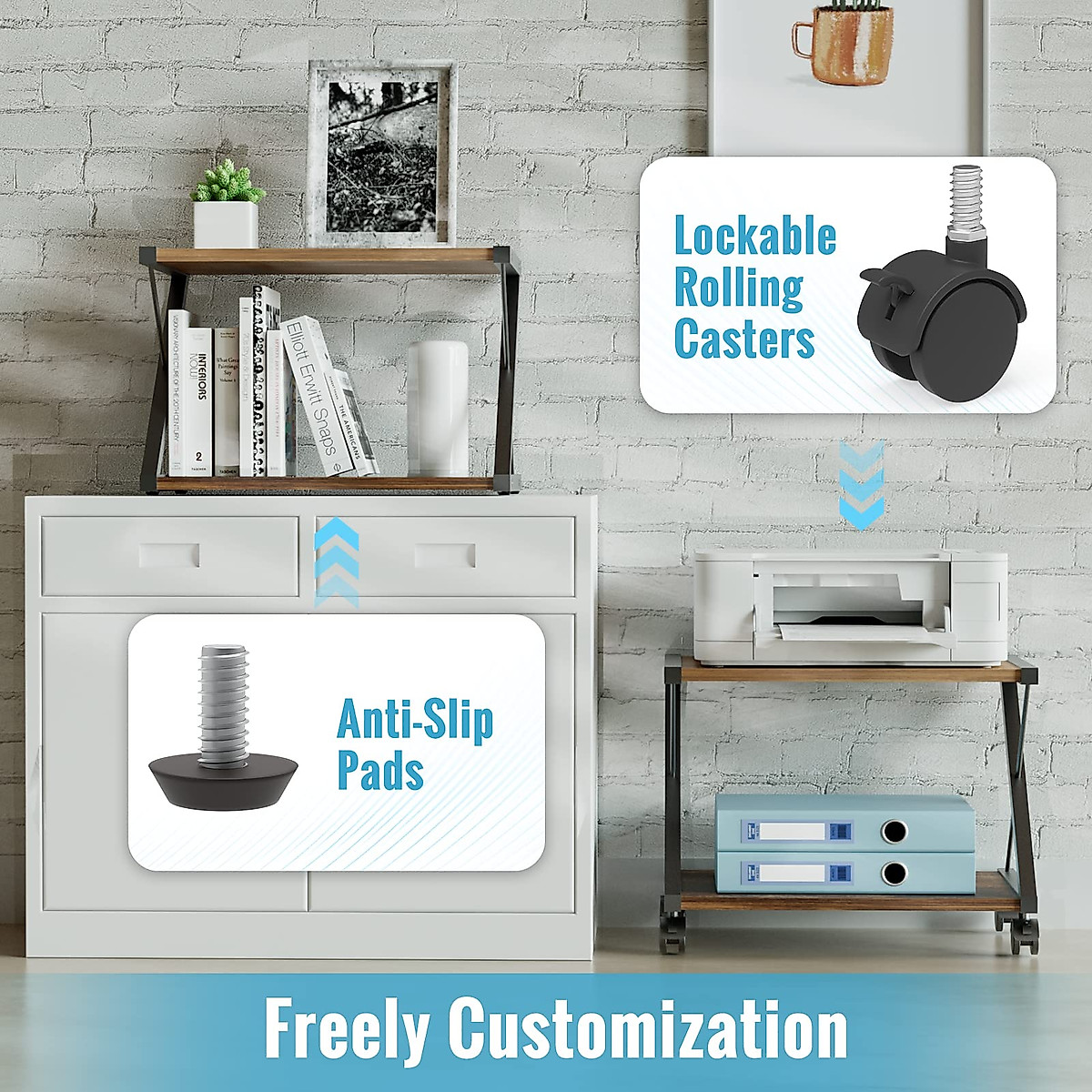 MaxGear Under Desk Printer Stand, 2 Tier Printer Rolling Cart with 4 Wheels, Wood Desktop Printer Table with Anti-Skid Pads, Home Printer Shelf for Office Fax Machine, Scanner, Books, Rustic Brown