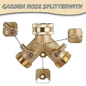 Triumpeek 3/4" Brass 2 Way Hose Splitter, Brass 2 Way Garden Hose Connector with 2 Pcs Garden Hose Coiled Spring Protectors and 6 Rubber Washers
