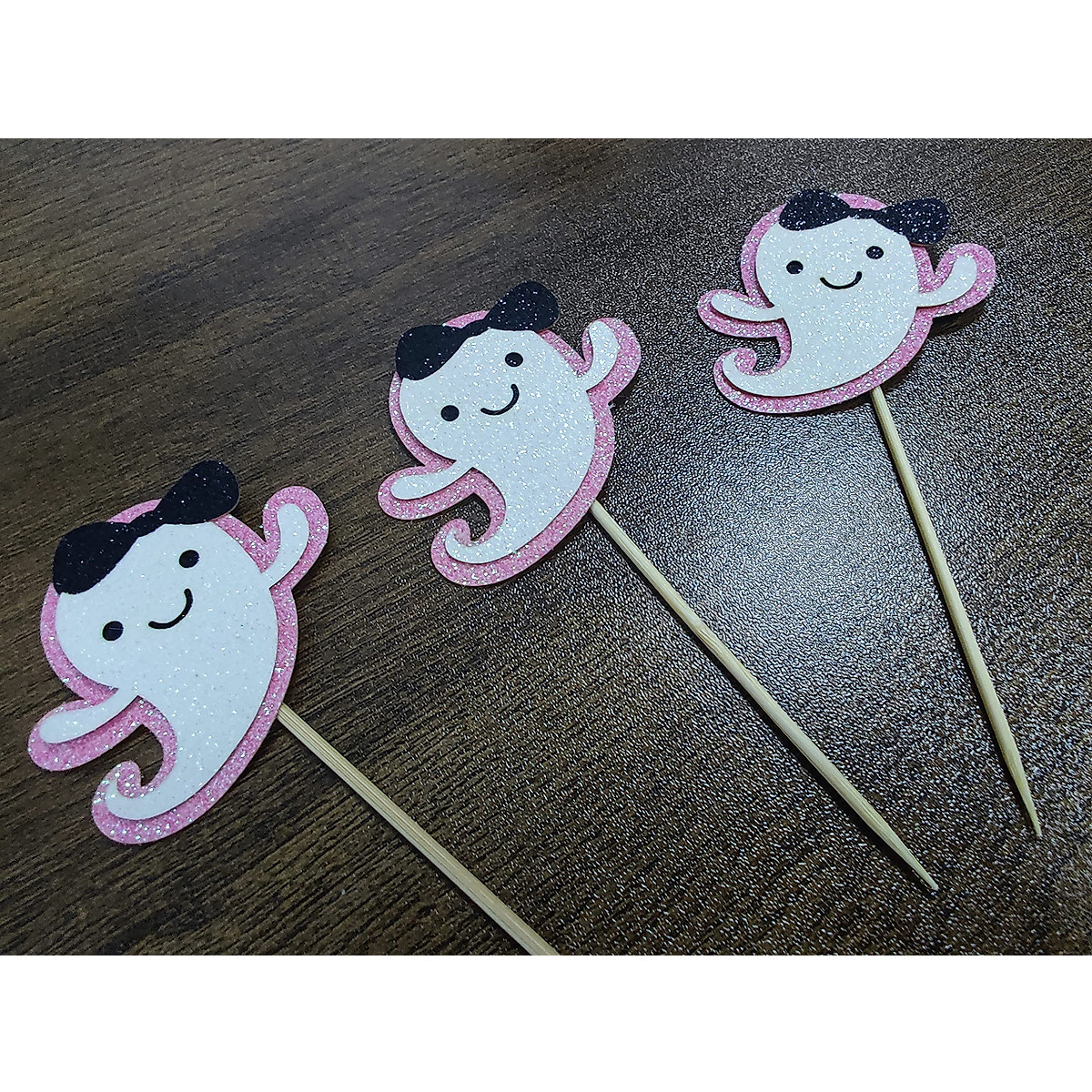Ghost Cupcake Toppers Pink Glitter, Halloween Ghost Baby Shower Cupcake Toppers Ghost Food Cupcake Picks for Pink Halloween Baby Shower Birthday Party Cake Supplies - 24Pcs