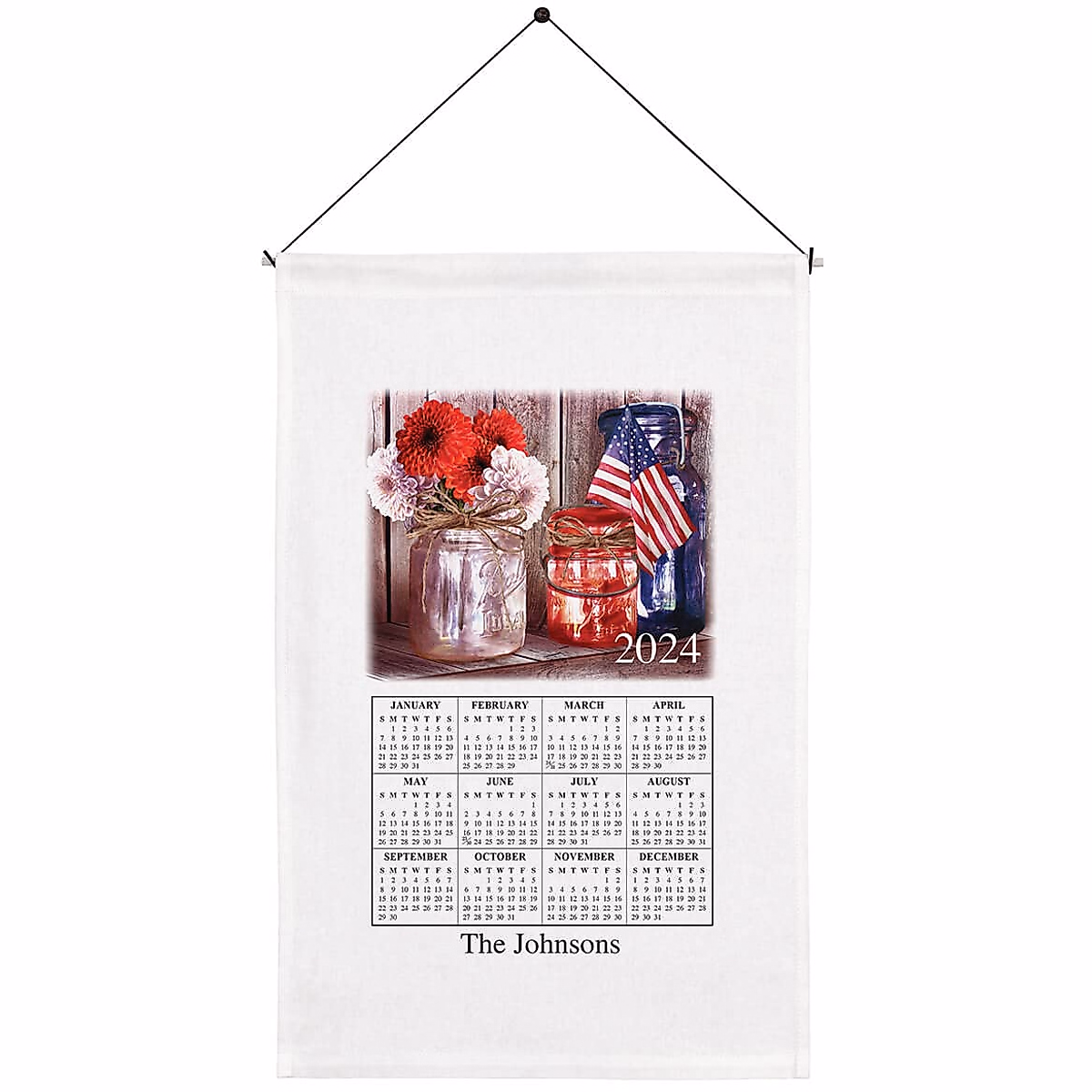 Personalized 1 Year Calendar Towel, God Bless America Design- Included Dowel and Hanging String Allow for Instant Hanging - Linen and Cotton Blend, 16 in. by 27 in. – Housewarming or Wedding Gift