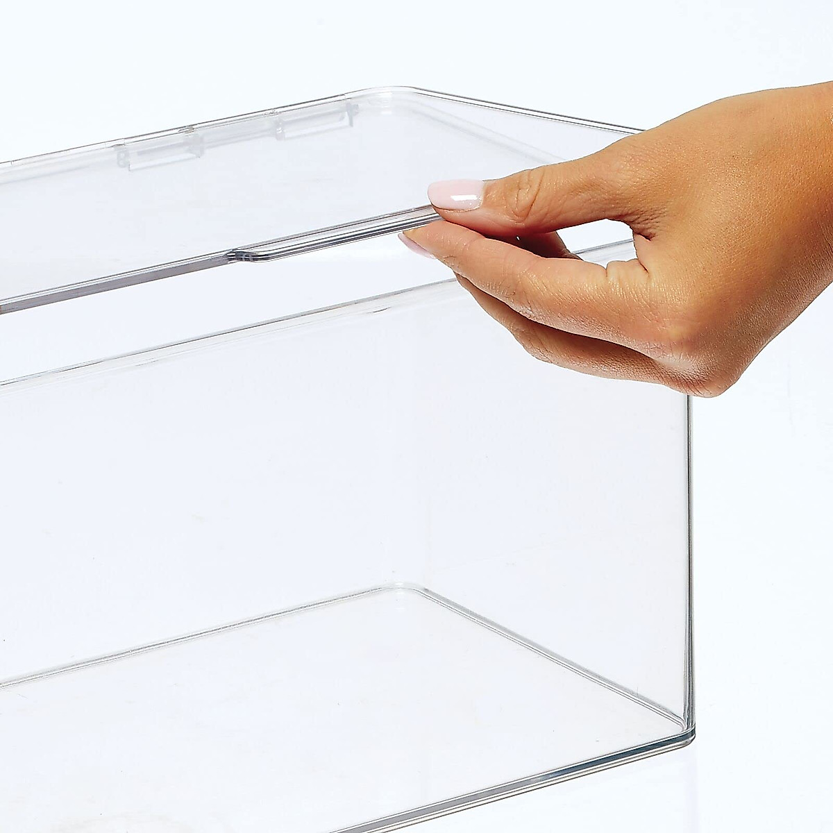 mDesign Plastic Kitchen Pantry and Fridge Storage Organizer Box Containers with Hinged Lid for Shelves or Cabinets, Holds Food, Snacks, Canned Drinks, Seasoning, Lumiere Collection, 2 Pack, Clear