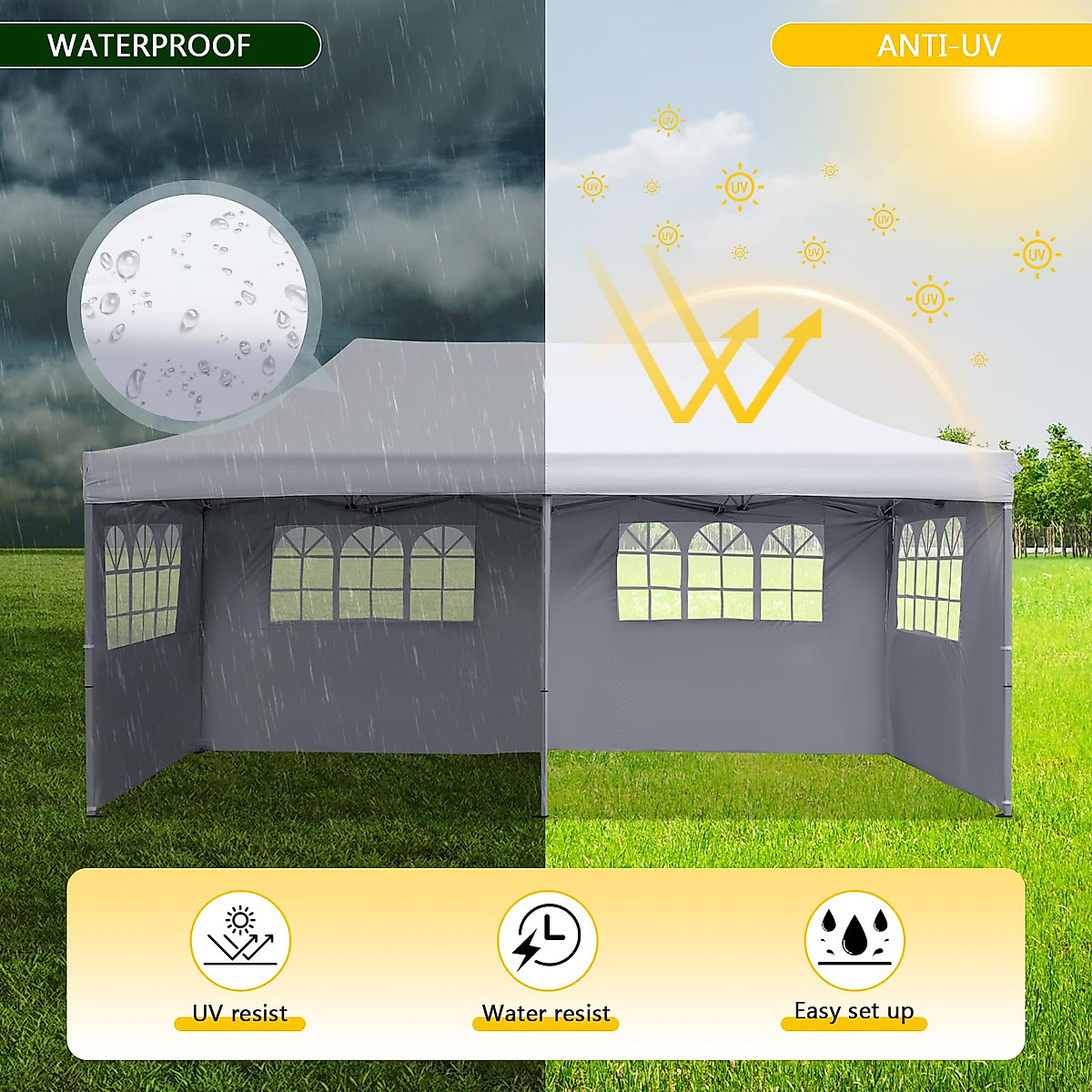 10x20 Heavy Duty Pop Up Canopy Tent, Instant Outdoor Beach Canopy Tent with 4 Removable Sidewalls and Carrying Bag, Waterproof Gazebo Tent Shelter for Parties, Backyard, and Wedding