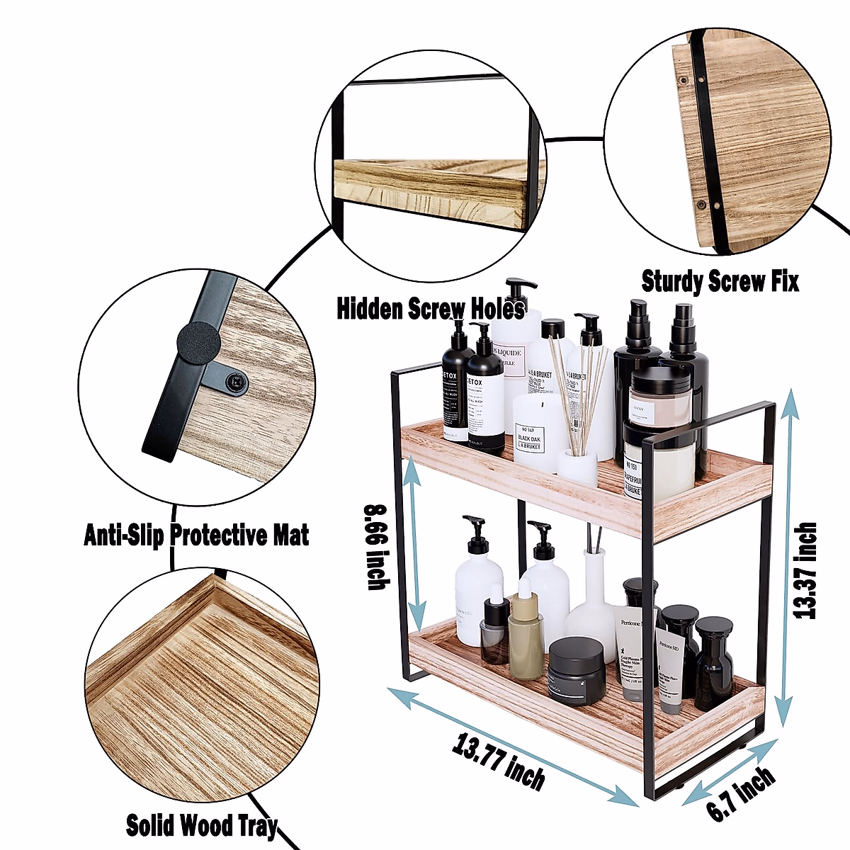 PUNMEYCOOL 2-Tier Bathroom Counter Organizer, Hidden Screw Holes Wood Countertop Organizer Shelf, Skincare Storage Tray for Vanity Counter Corner, Kitchen