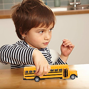 Think Wing School Bus Toy for Toddlers, 8.5 inch Die Cast Pull Back Cars Yellow Bus Play Vehicles with Pull Back Mechanism and Open Doors