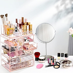 COMVTUPY Clear Makeup Organizer with Brush Holder, Large Acrylic Cosmetic Display Jewelry & Make Up Organizers and Storage for Vanity, Bathroom (3 Large, 4 Small Drawers, Diamond Pink)