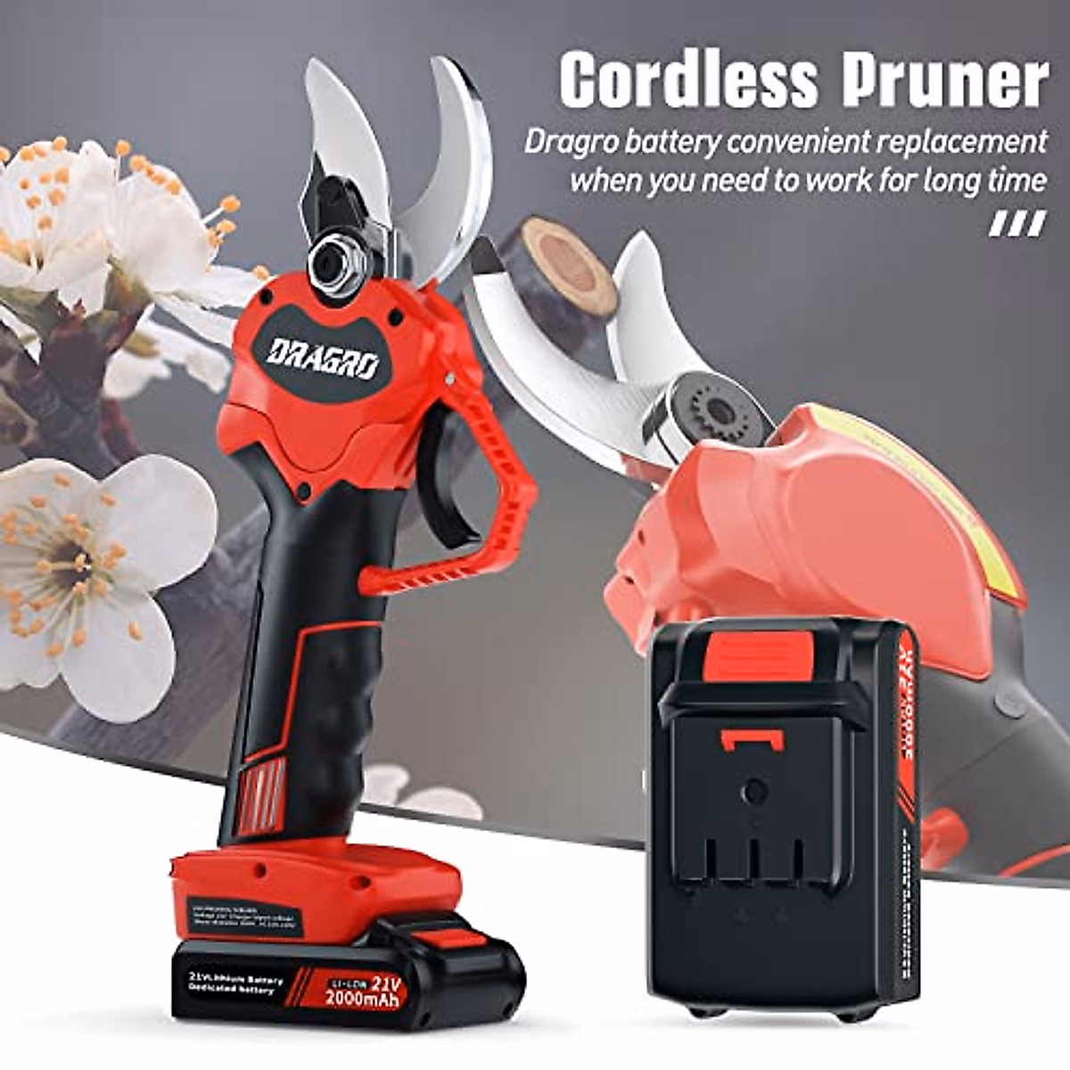 Dragro Electric Pruning Shears Replace Battery, DC21V 2000mAH Lithium Battery, Only Applicable Electric Pruner 1.2inch/30mm (Only 1 Pack)