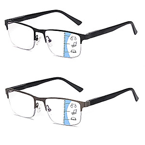 Missfive 2 Pack Mens Quality Progressive Multifocus Reading Glasses Blue Light Blocking, Man Spring Hinge No-Line Multifocal Readers Half Frame Metal Eyeglasses (Workspace For Near Range, 2.5x)