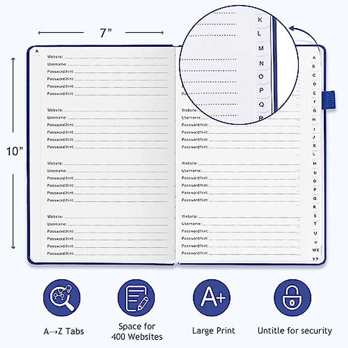 JUBTIC Password Book with Individual Alphabetical Tabs, 7"x10" Internet Password Keeper Book for Seniors, Password Notebook and Organizer/Notes Section, Navy Blue